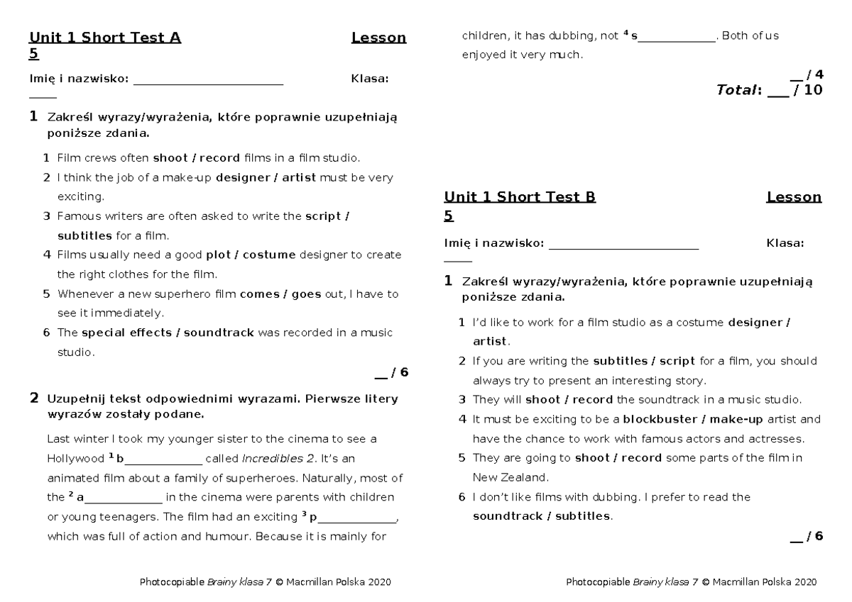 Brainy KL7 Unit 1 Short Test Lesson 5 Answers & Activities - Studocu