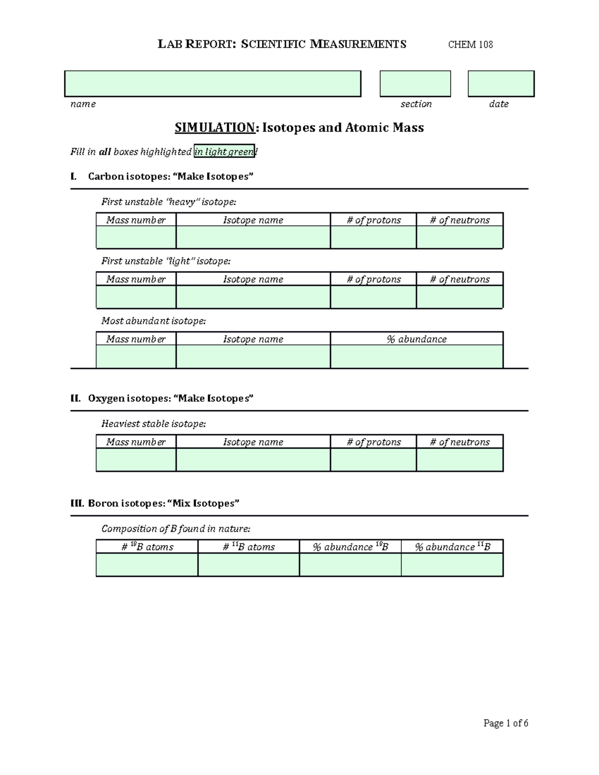 CHEM 108 Lab Report on Scientific Measurements and Isotopes - Studocu