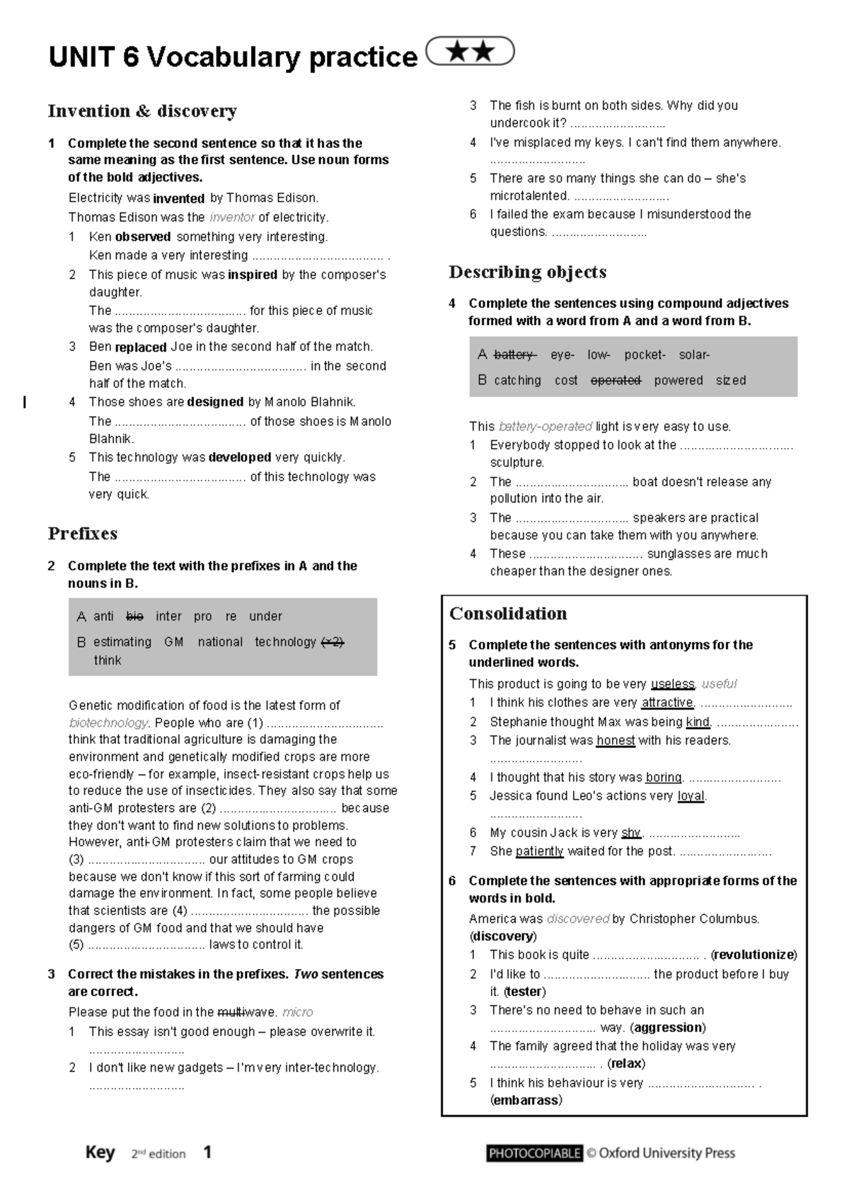 Key2e L1 Unit 6 Vocabulary Practice: Invention & Discovery - Studocu