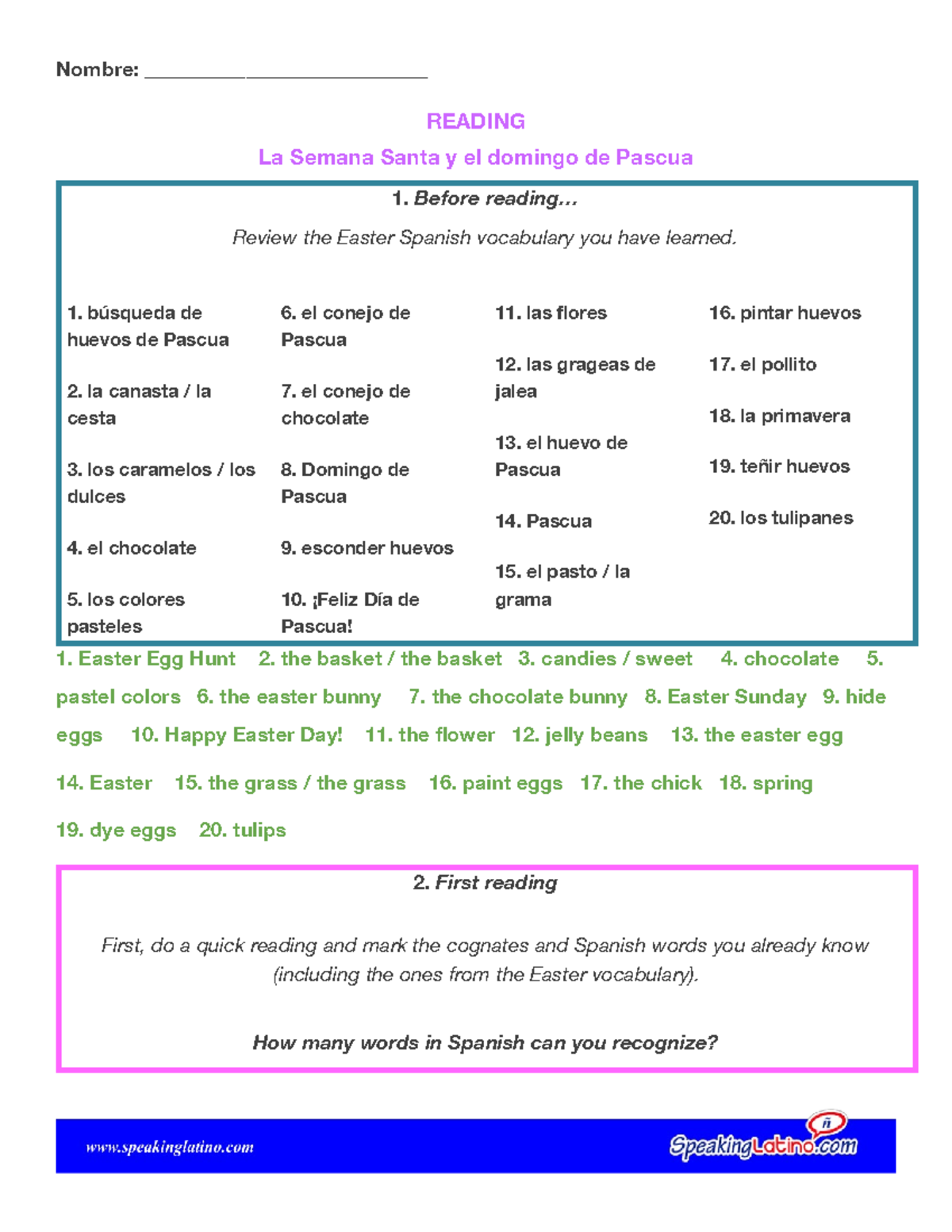 Holy Week and Easter Sunday Worksheet - Nombre ...