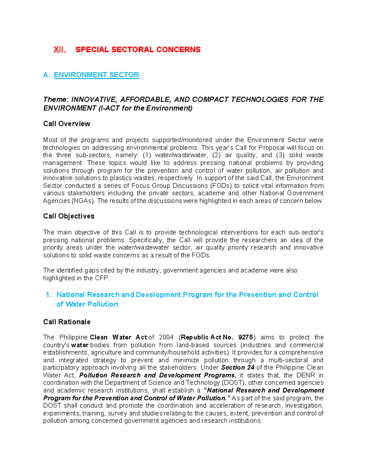 XII. Special Sectoral Concerns: Environment, Disaster Mitigation ...