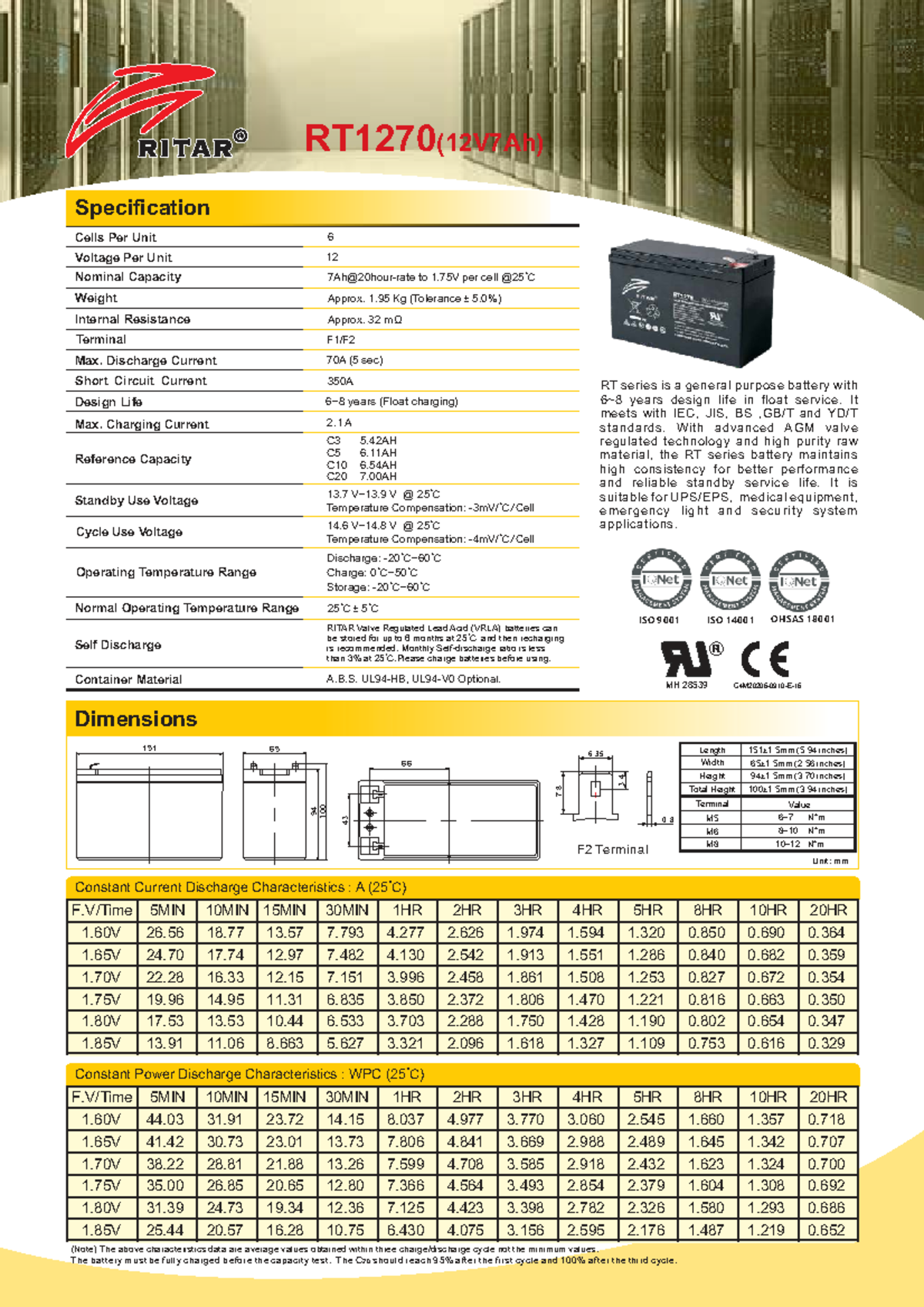 RT1270 12V 7Ah Battery Technical Specifications and Characteristics ...