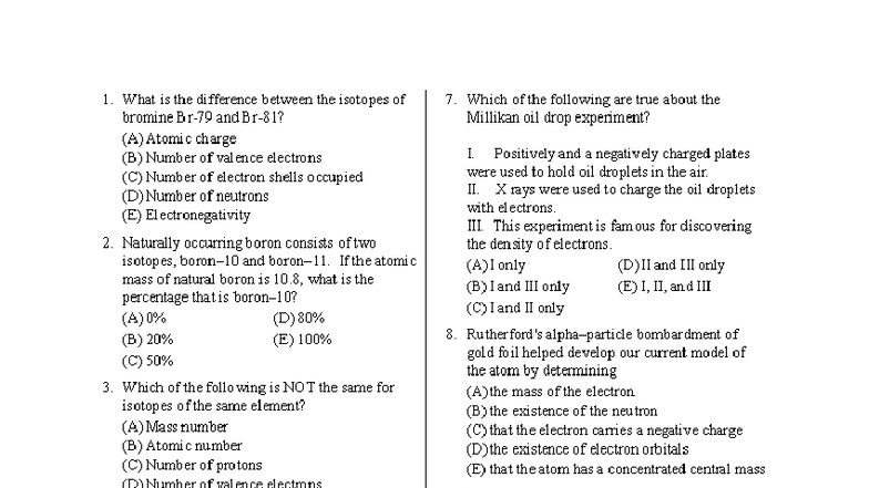 HW 1 Winter Break Review: Isotopes, Atomic Structure, and Gas Laws ...