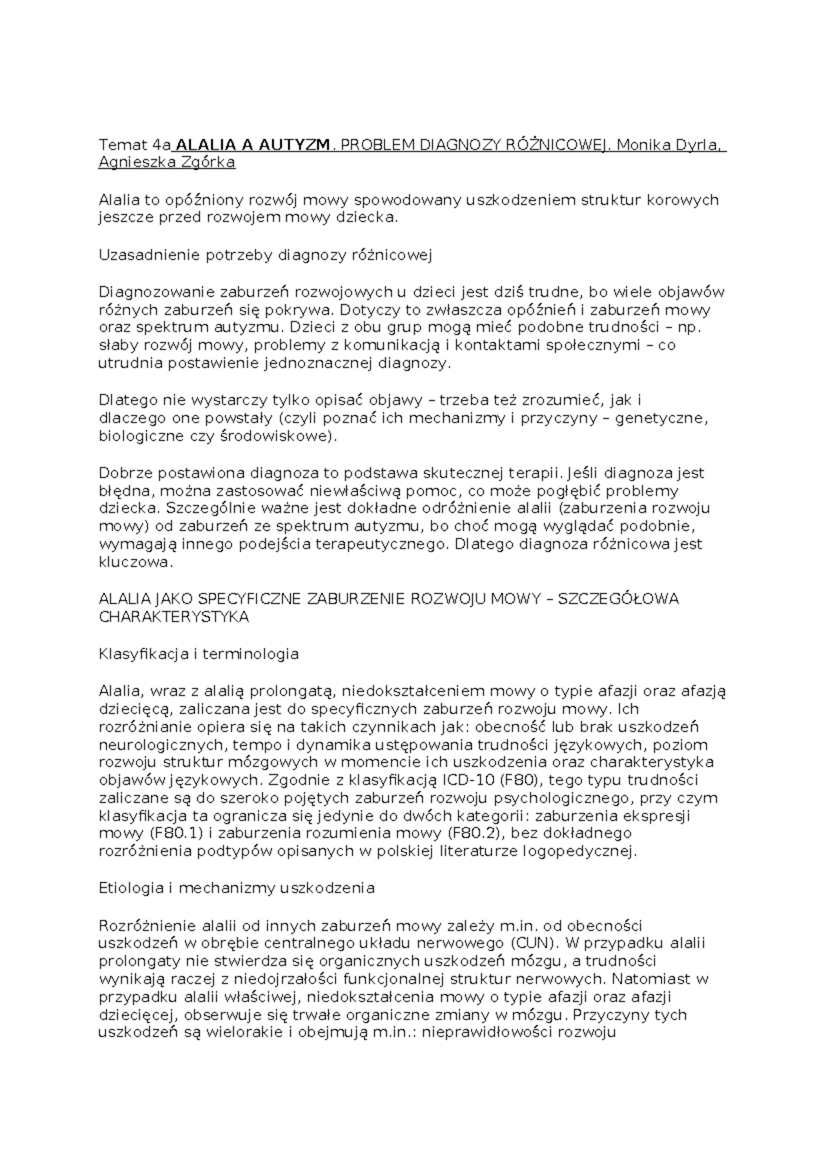 Temat 4a: Alalia i Autyzm - Problemy Diagnozy Różnicowej - Studocu