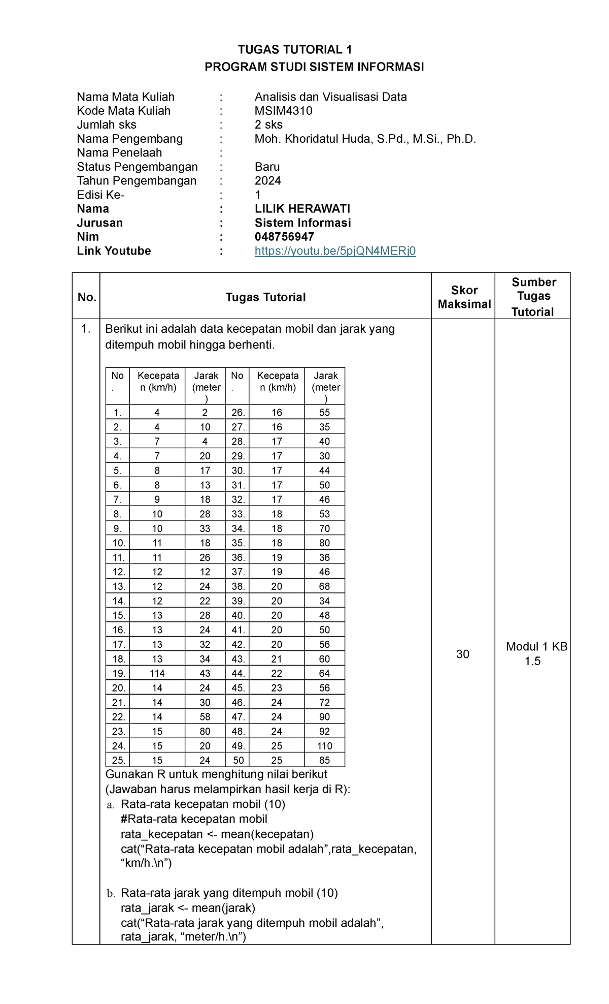 TUGAS TUTORIAL 1 MSIM4310: Analisis dan Visualisasi Data Menggunakan R - Studocu