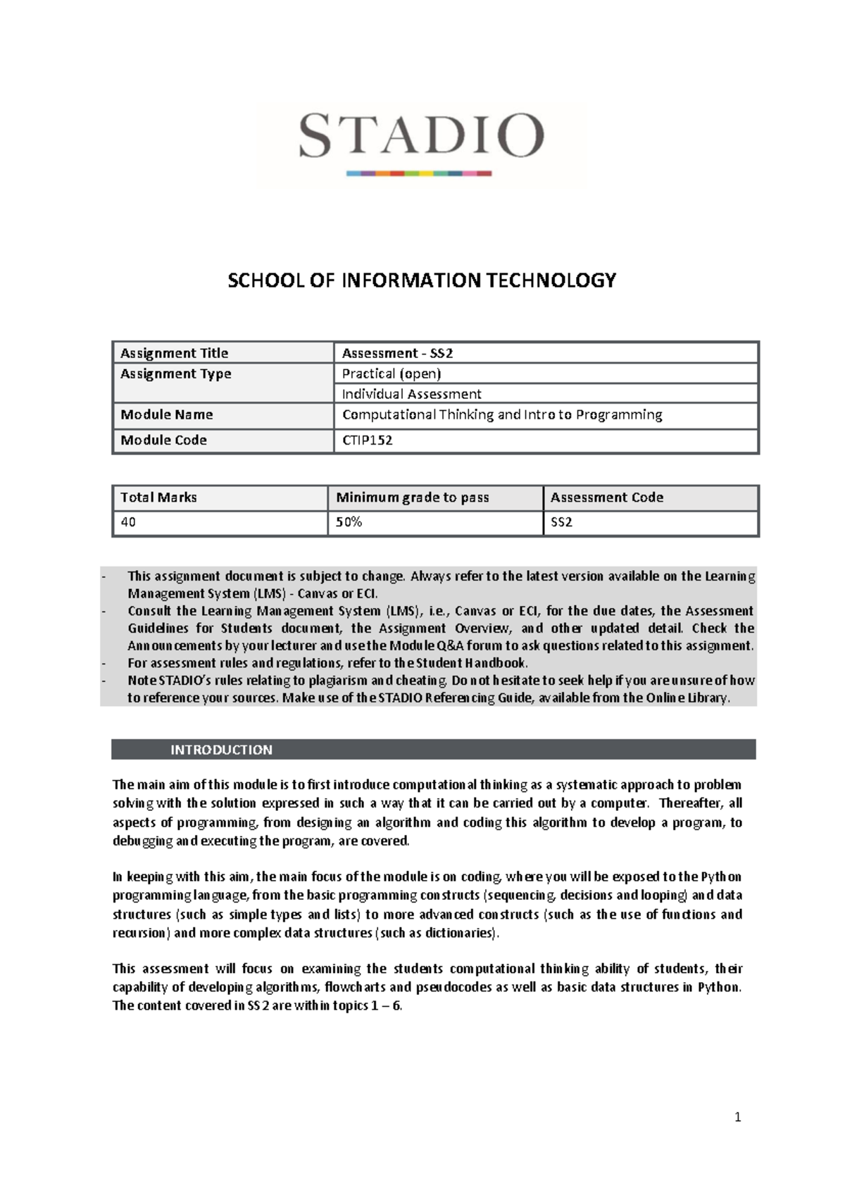 CTIP152 SS2 Assignment: Computational Thinking & Python Programming ...