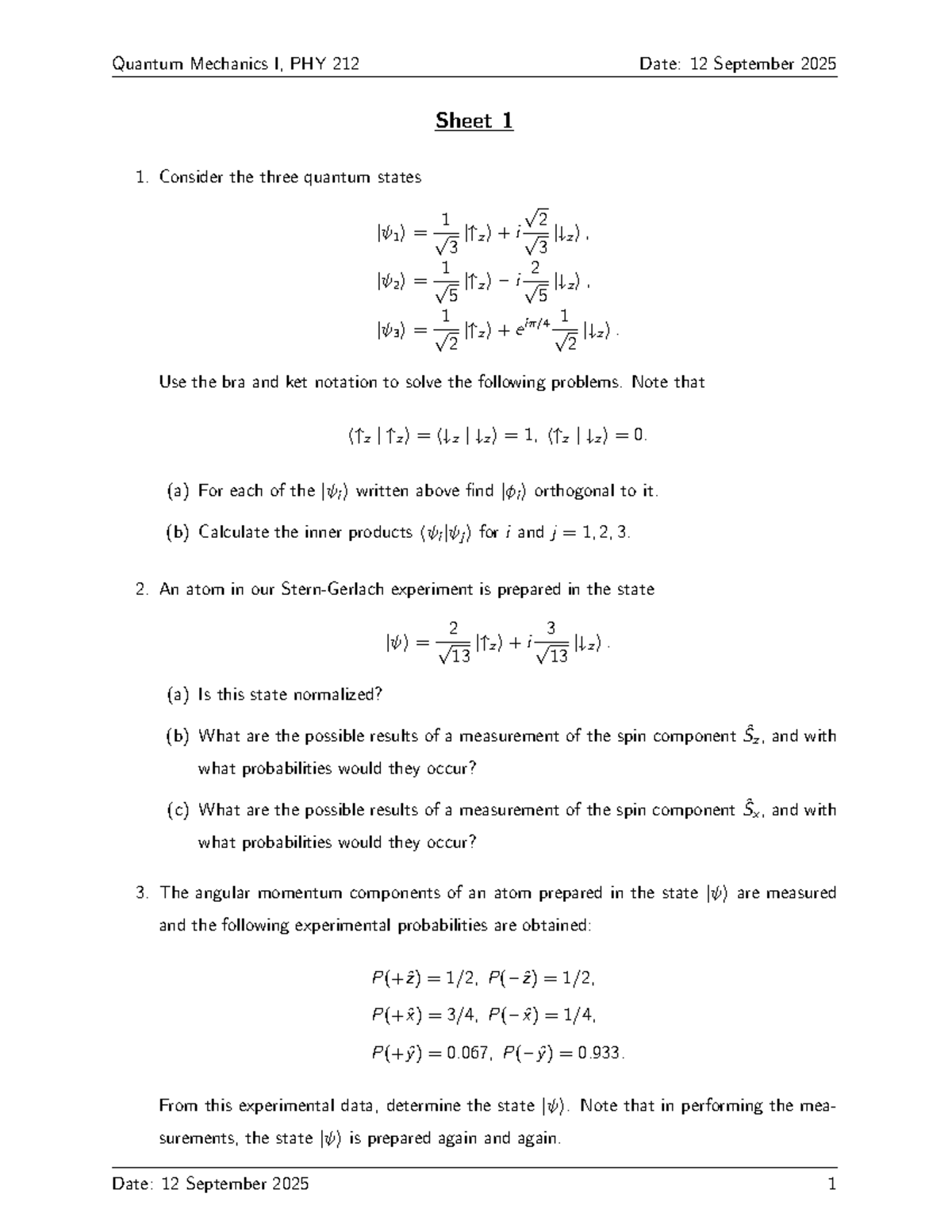Quantum Mechanics I Assignment, PHY 212 - Sheet 1 - Studocu