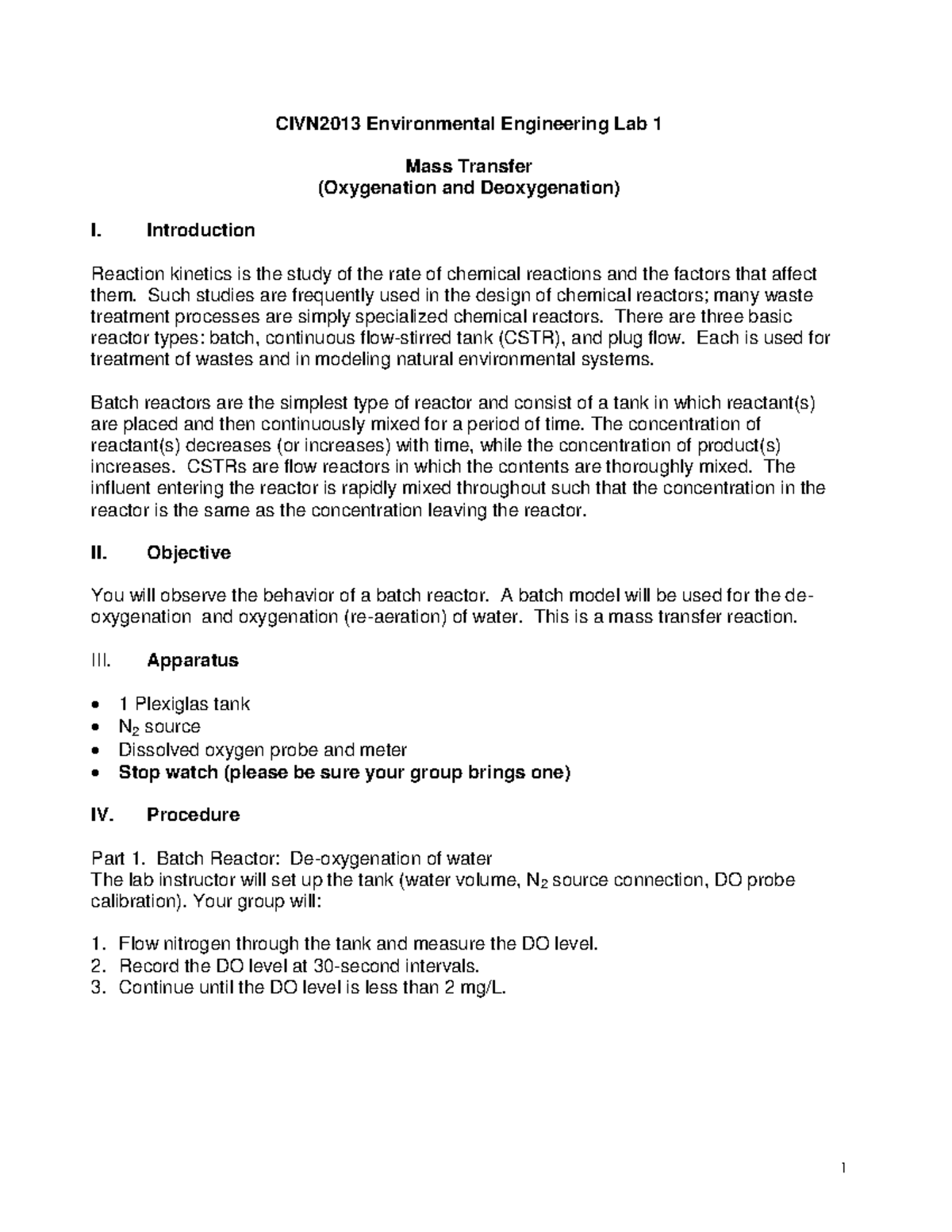 CIVN2013 Environmental Engineering Lab 1: Mass Transfer Study - Studocu