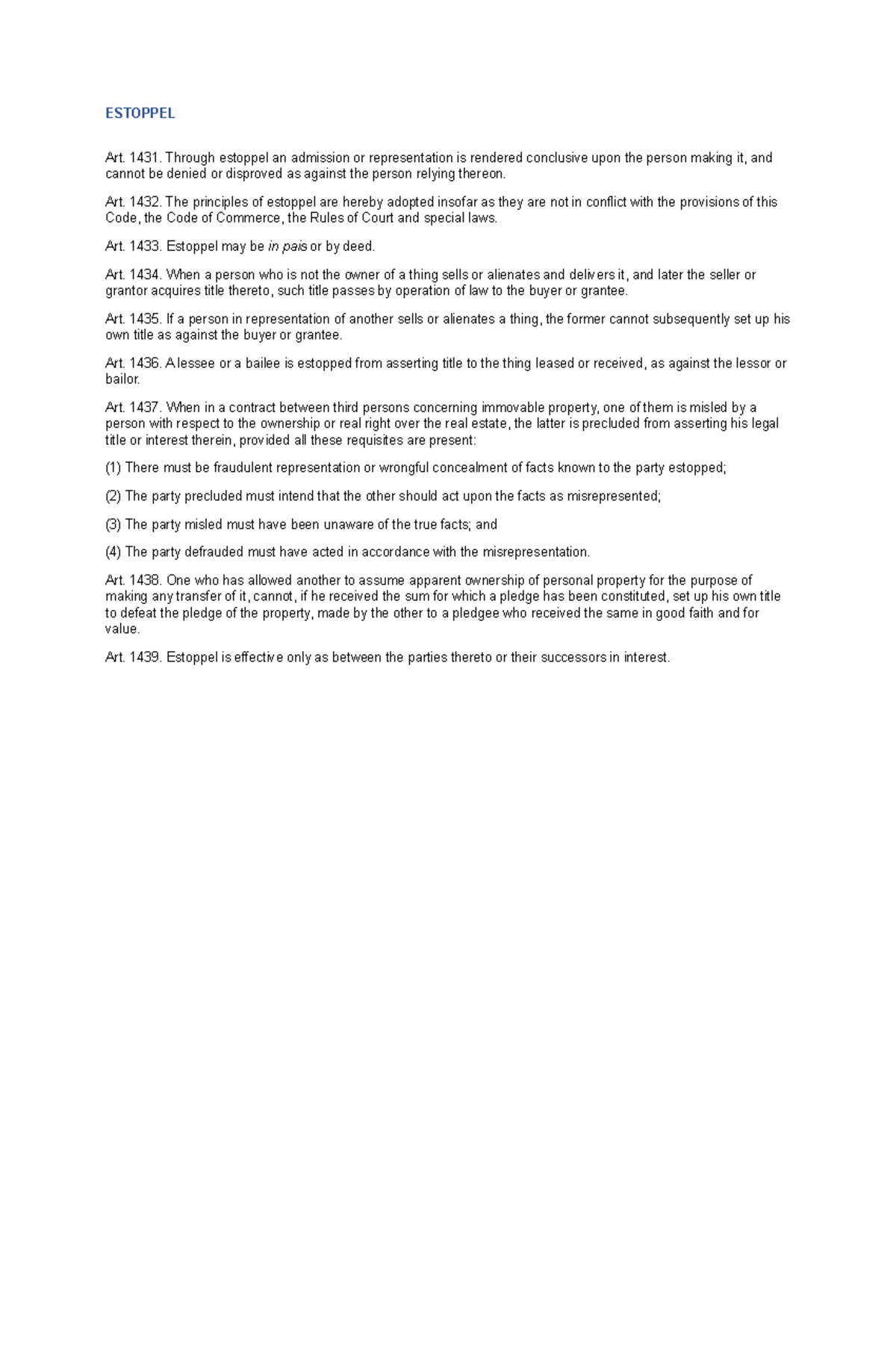 Estoppel and Prescription: Key Articles Overview (Law 101) - Studocu