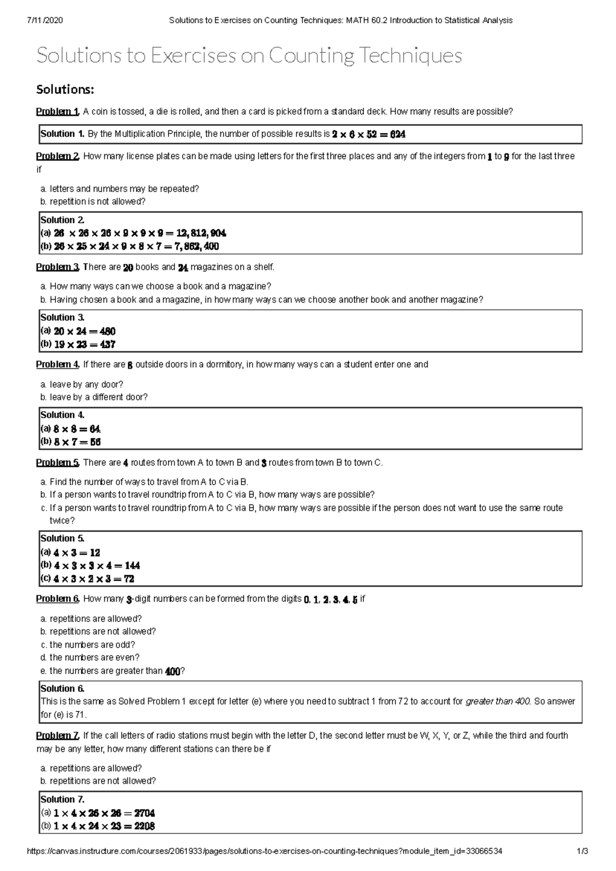 Exercises Counting Techniques - 7/11/2020 Solutions to Exercises on ...