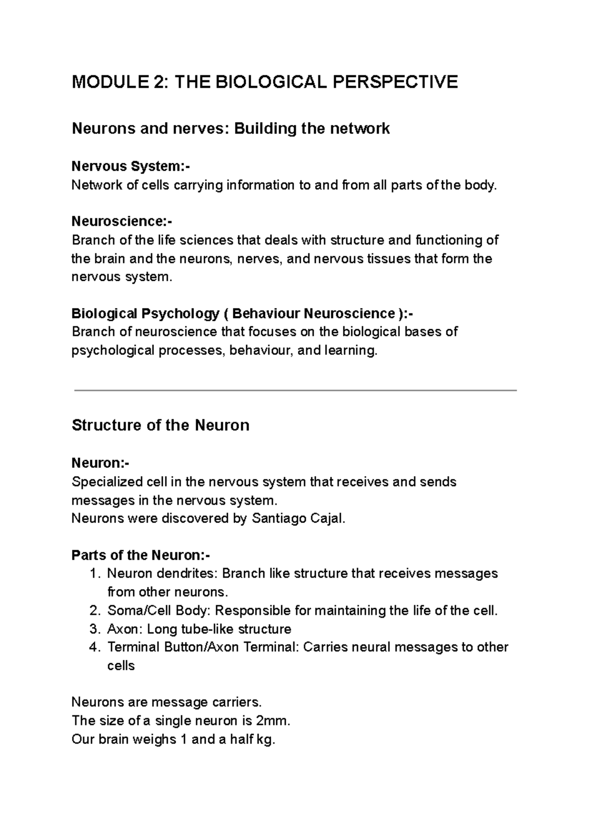 Biological Psychology: Module 2 - The Nervous System and Neurons - Studocu
