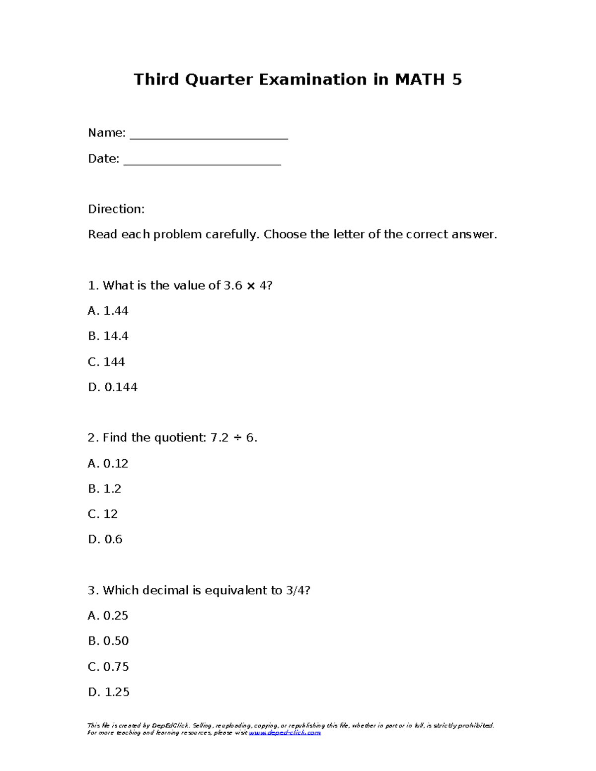 Third Quarter Exam in MATH 5: Grade 5 Assessment Questions - Studocu