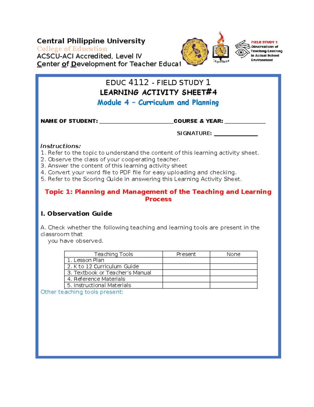 EDUC 4112 Field Study 1 Learning Activity Sheet - Module 4 - Studocu