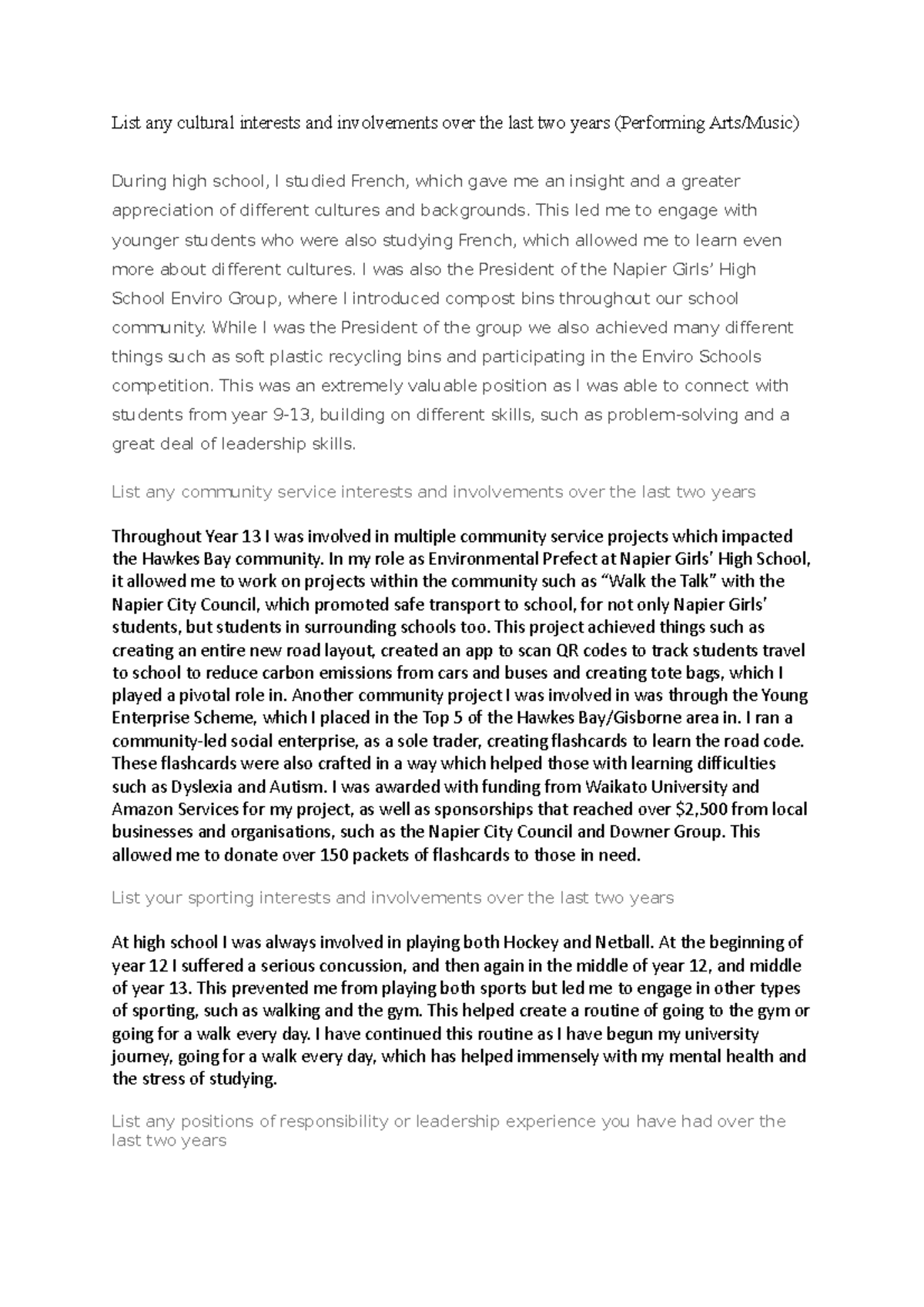 Econ 130 Tutorial 4 - List any cultural interests and involvements over ...