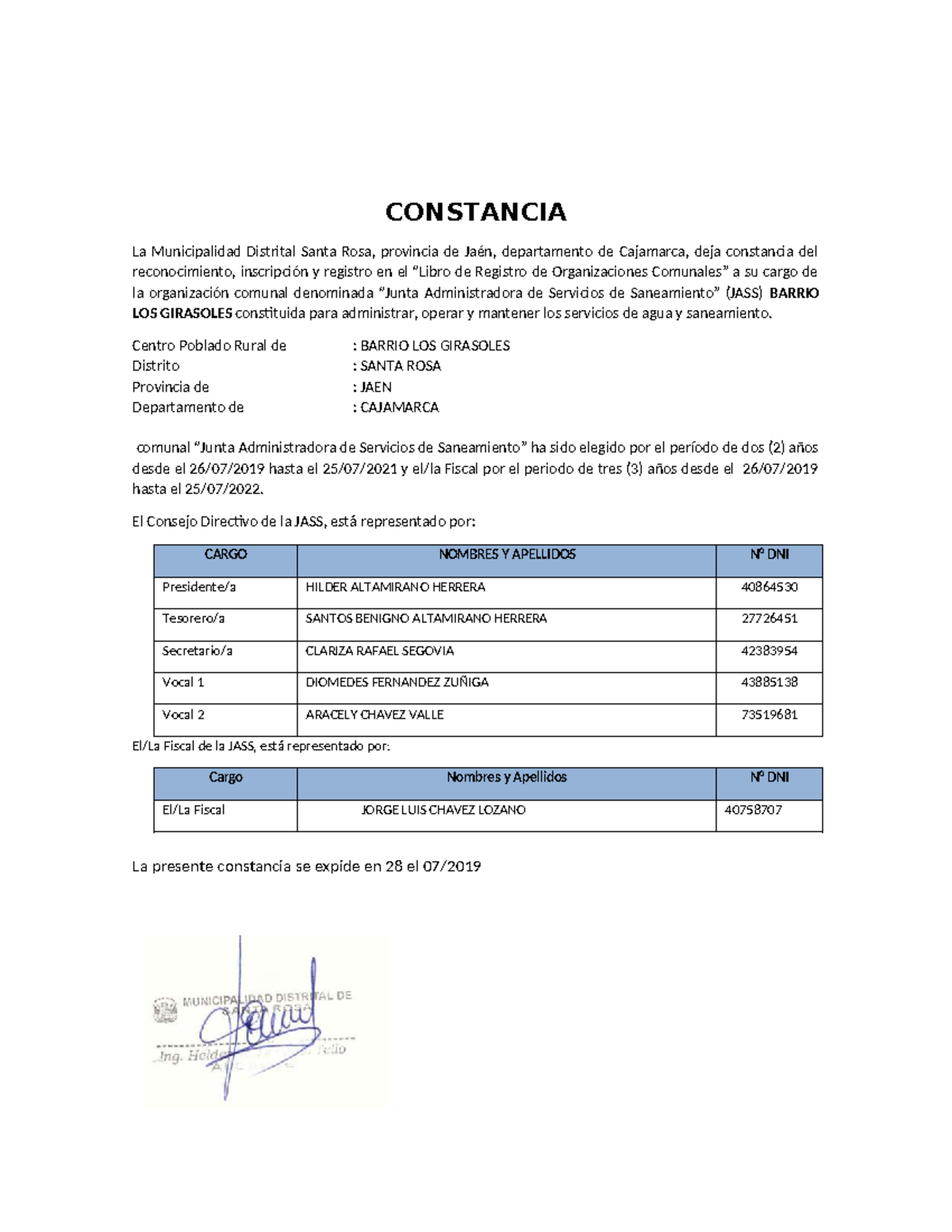 CONSTANCIA de Inscripción de la JASS BARRIO LOS GIRASOLES - Studocu