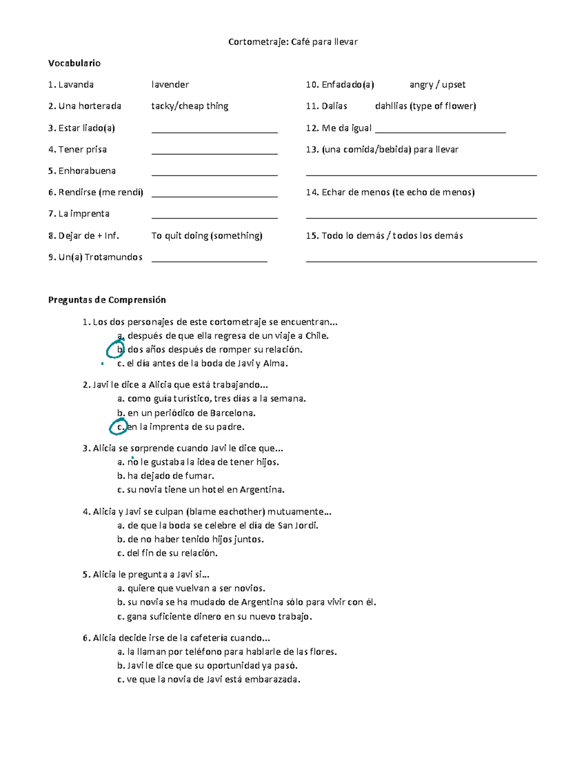 Café para llevar activities for cortometraje - vocabulary and questions ...