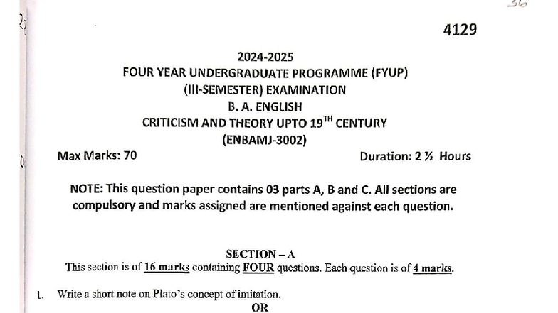 4129 FYUP B.A. English Criticism & Theory Exam Paper (19th Century ...