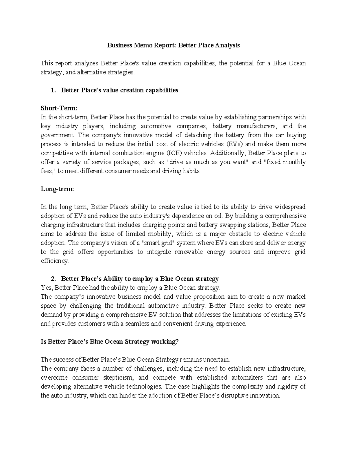 Case 1 - Better Place - Case 1 - Business Memo Report: Better Place ...