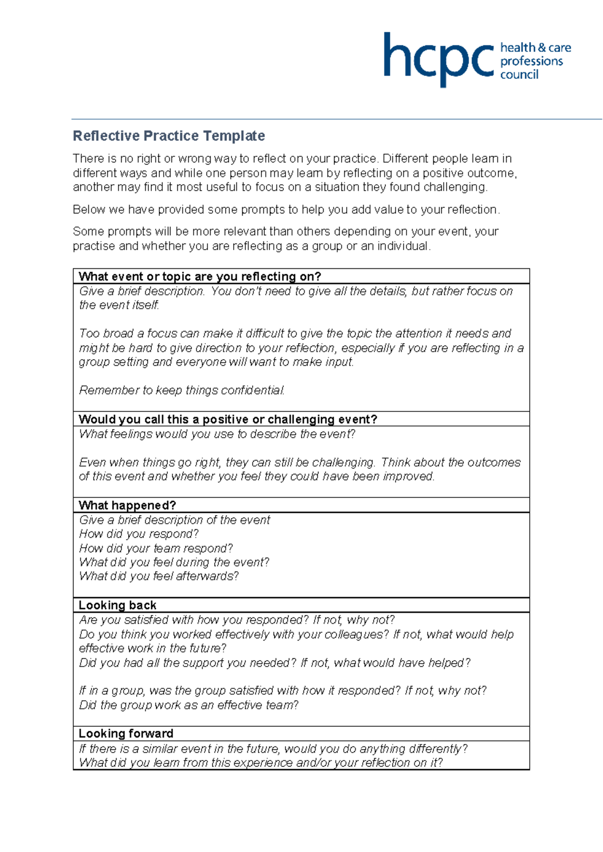 Reflective Practice Template for HCPC Professionals - Studocu