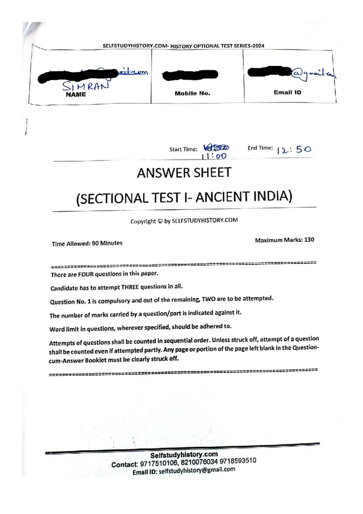 HISTORY 101: SECTIONAL TEST ON ANCIENT INDIA - Studocu