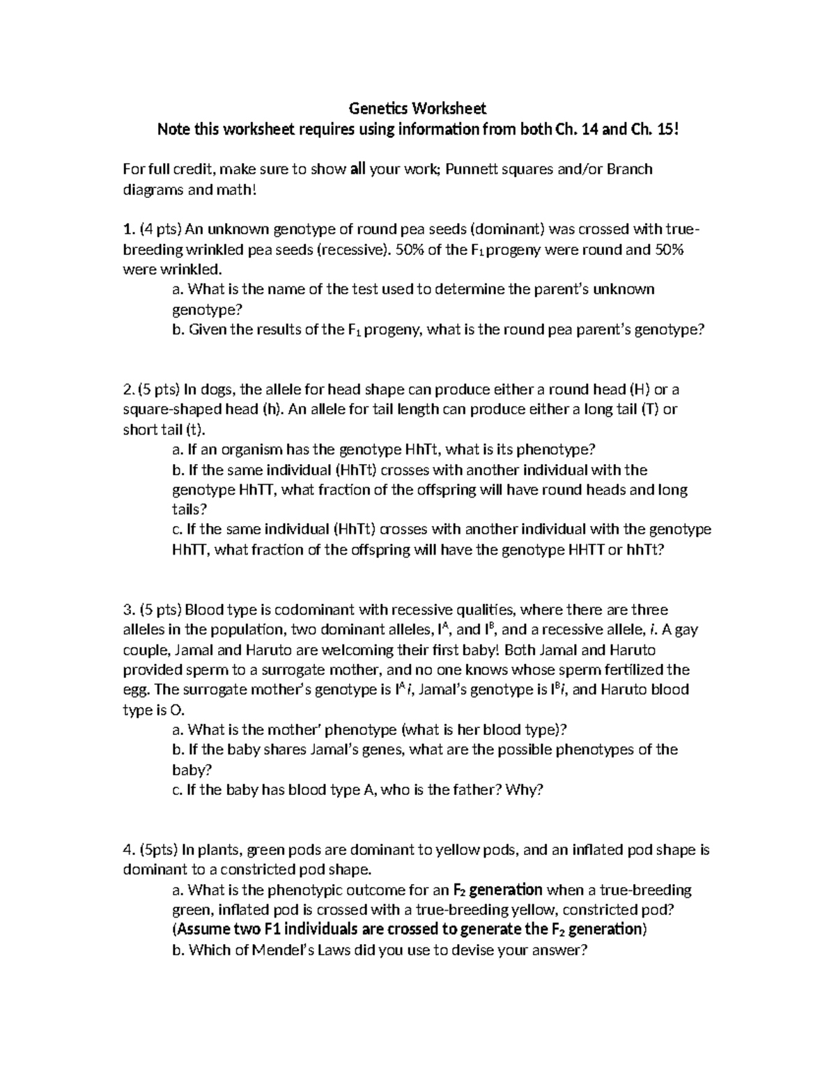 Genetics Worksheet: Analyzing Genotypes and Phenotypes (Ch. 14 & 15 ...