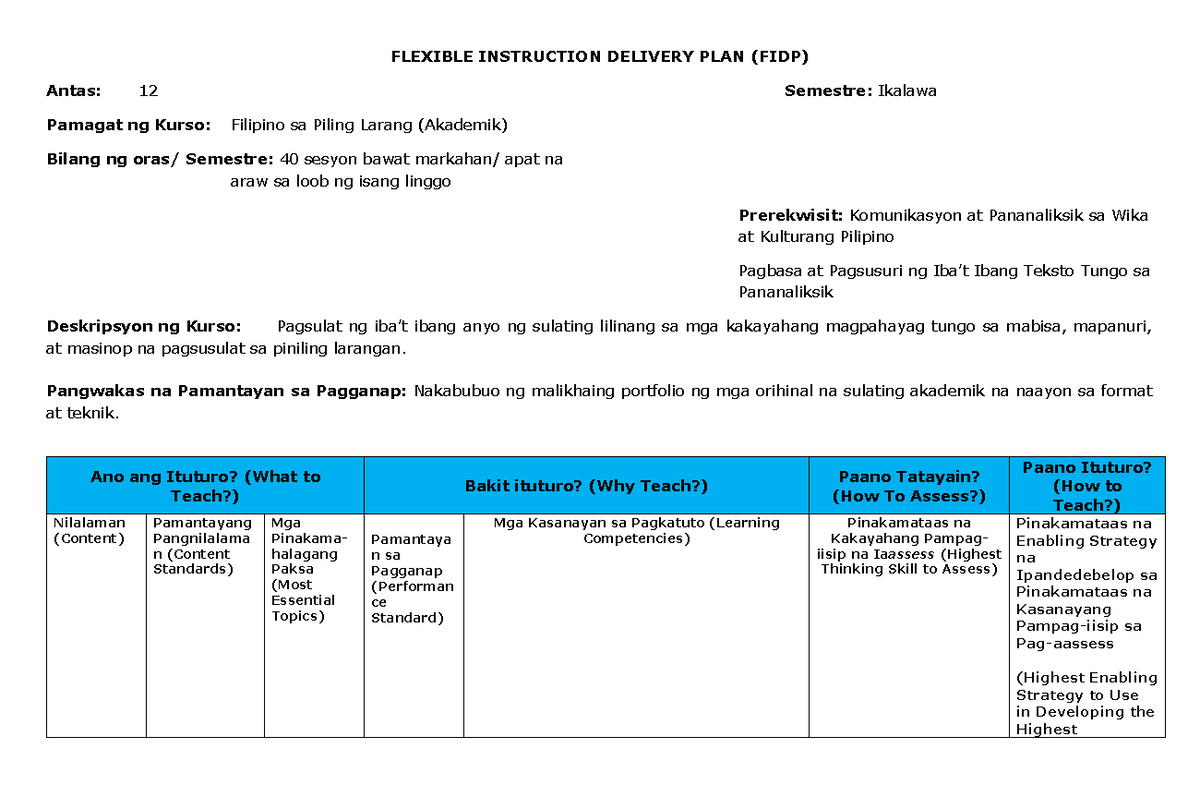 497182587 Flexible Instruction Delivery Plan for Filipino sa Piling ...