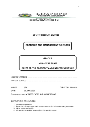 Grade 09 EMS MEMO FOR TERM ONE 2023 Controlled TEST - ECONOMIC AND ...