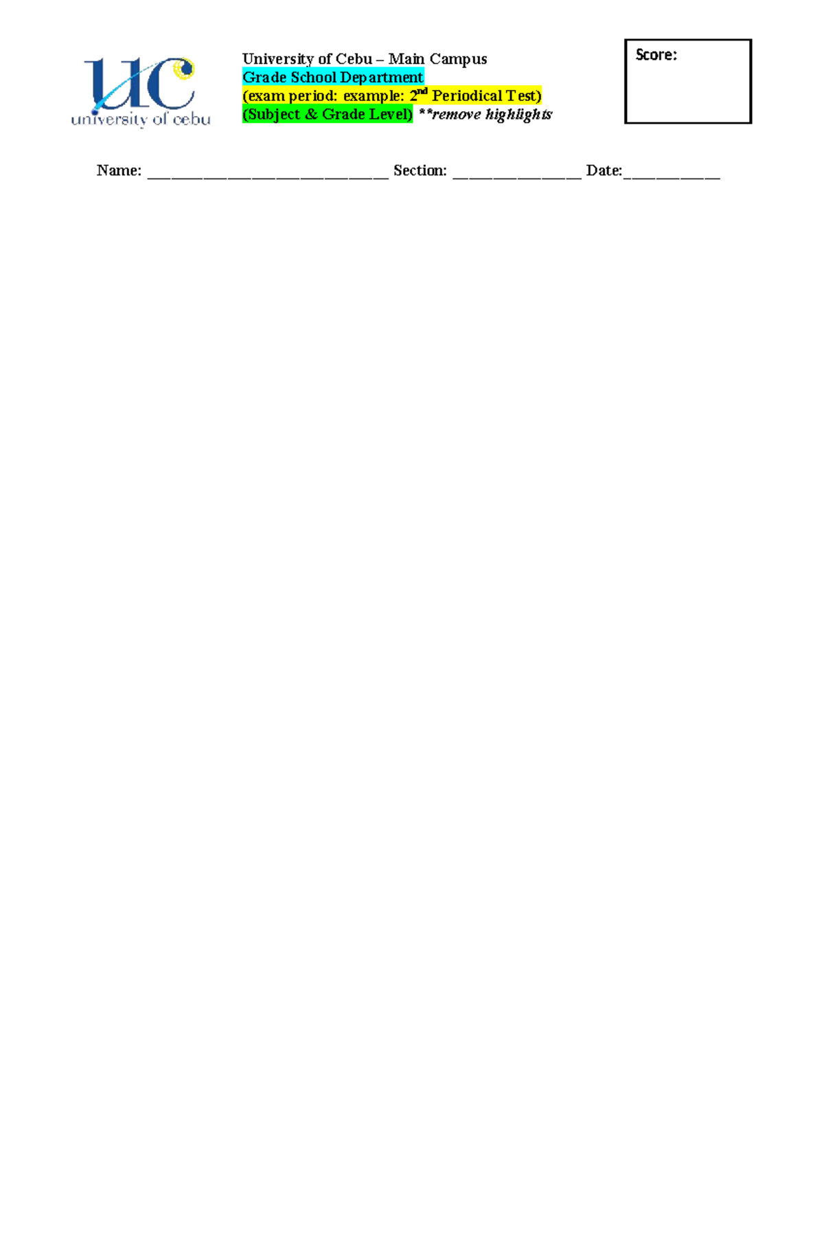 Sample testpaperformat-1 - Elementary Education - University of Cebu ...