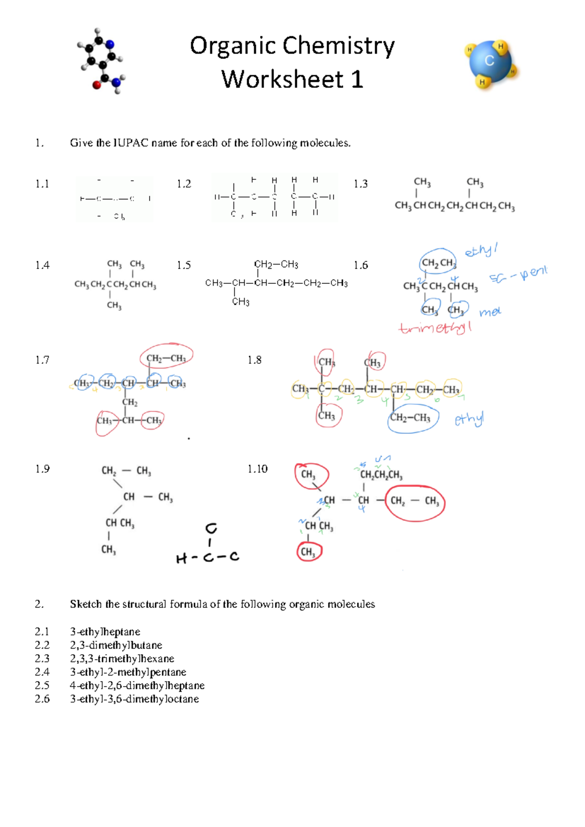 Organic Chemistry - Organic Chemistry Worksheet 1 Give the IUPAC name ...