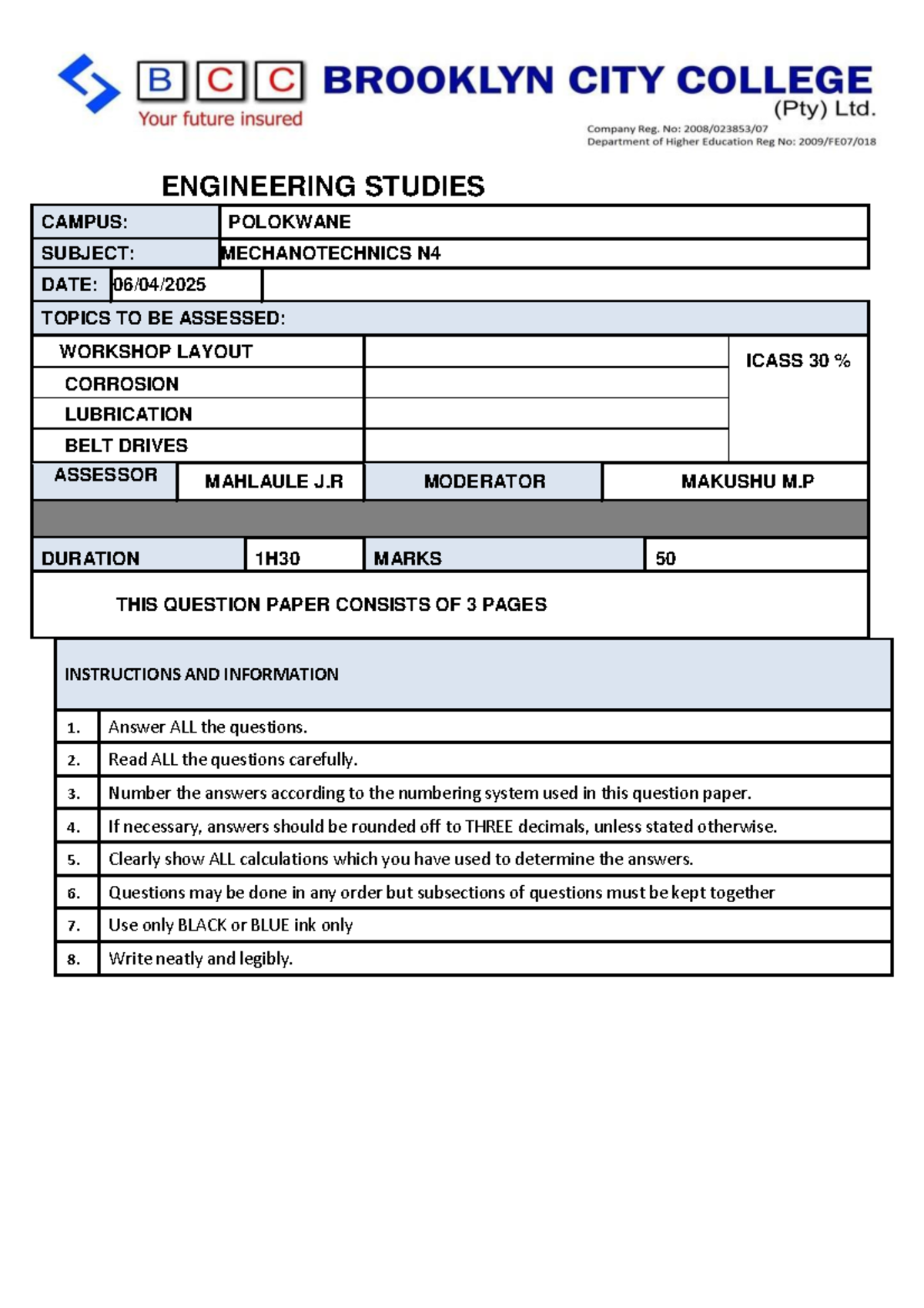 MECN4 Final Exam: Mechanotechnics Workshop Layout & Corrosion - Studocu