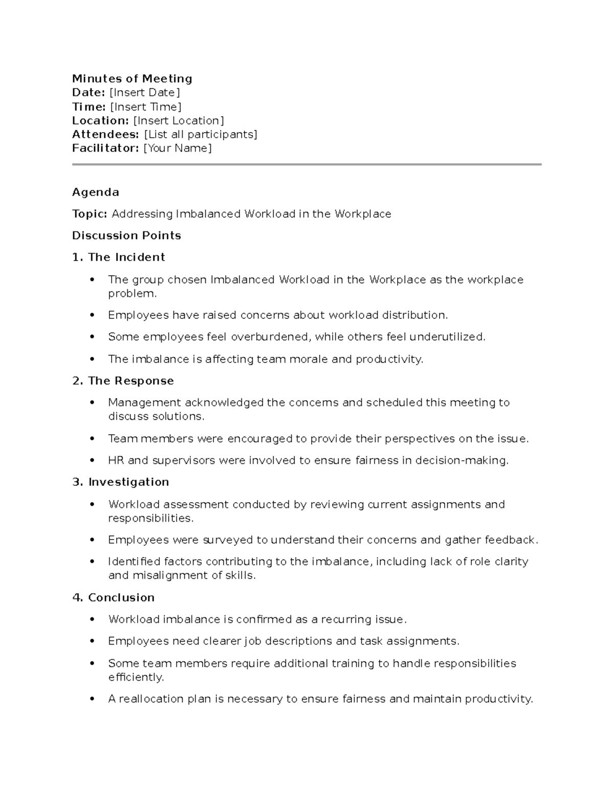 Meeting Minutes: Addressing Imbalanced Workload Issues in the Workplace ...