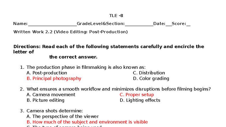 Grade 8 TLE Written Work 2.2: Video Editing Answer Key - Studocu