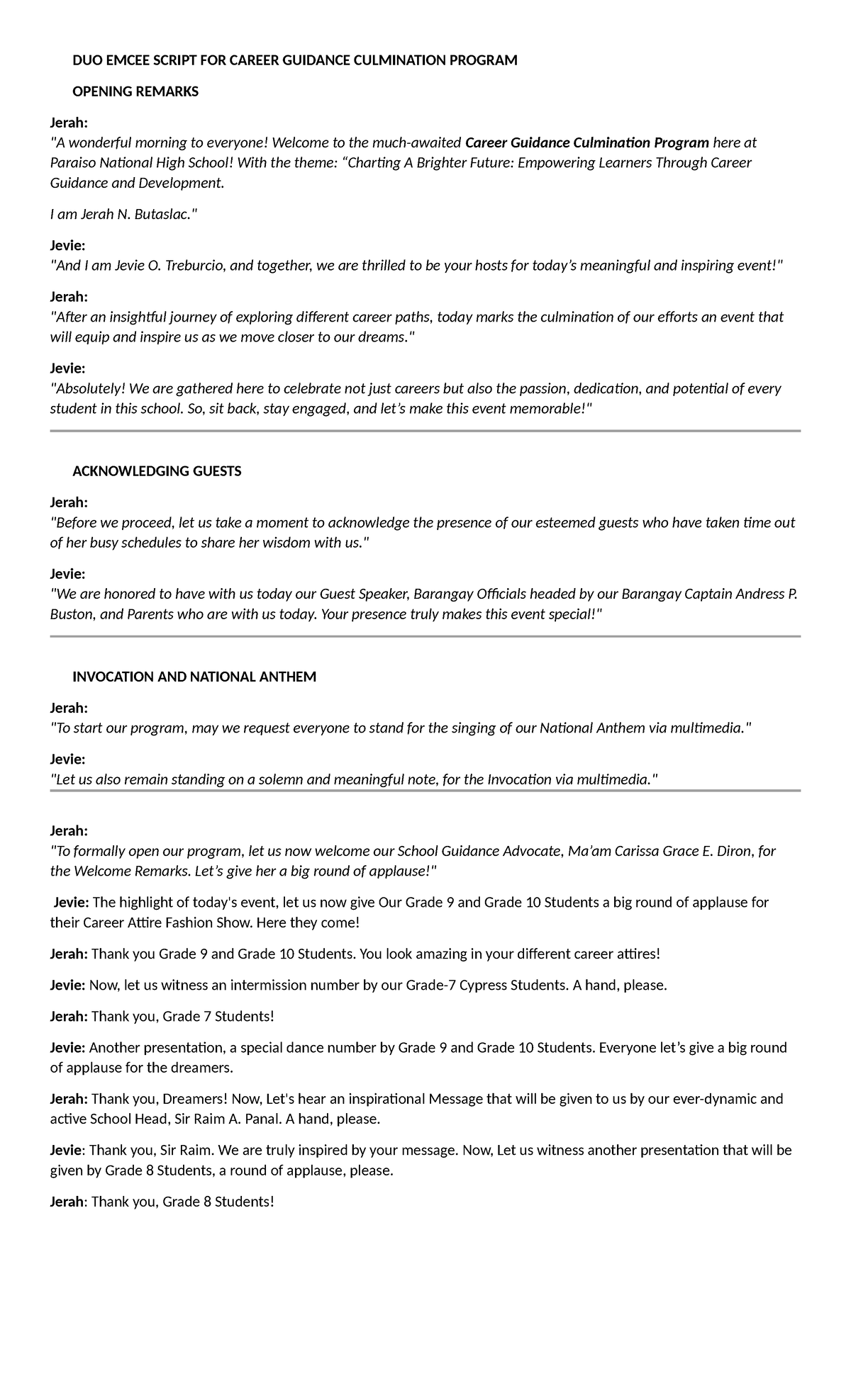 🎤 DUO Emcee Script FOR Career Guidance Culmination Program - 🎤 DUO ...