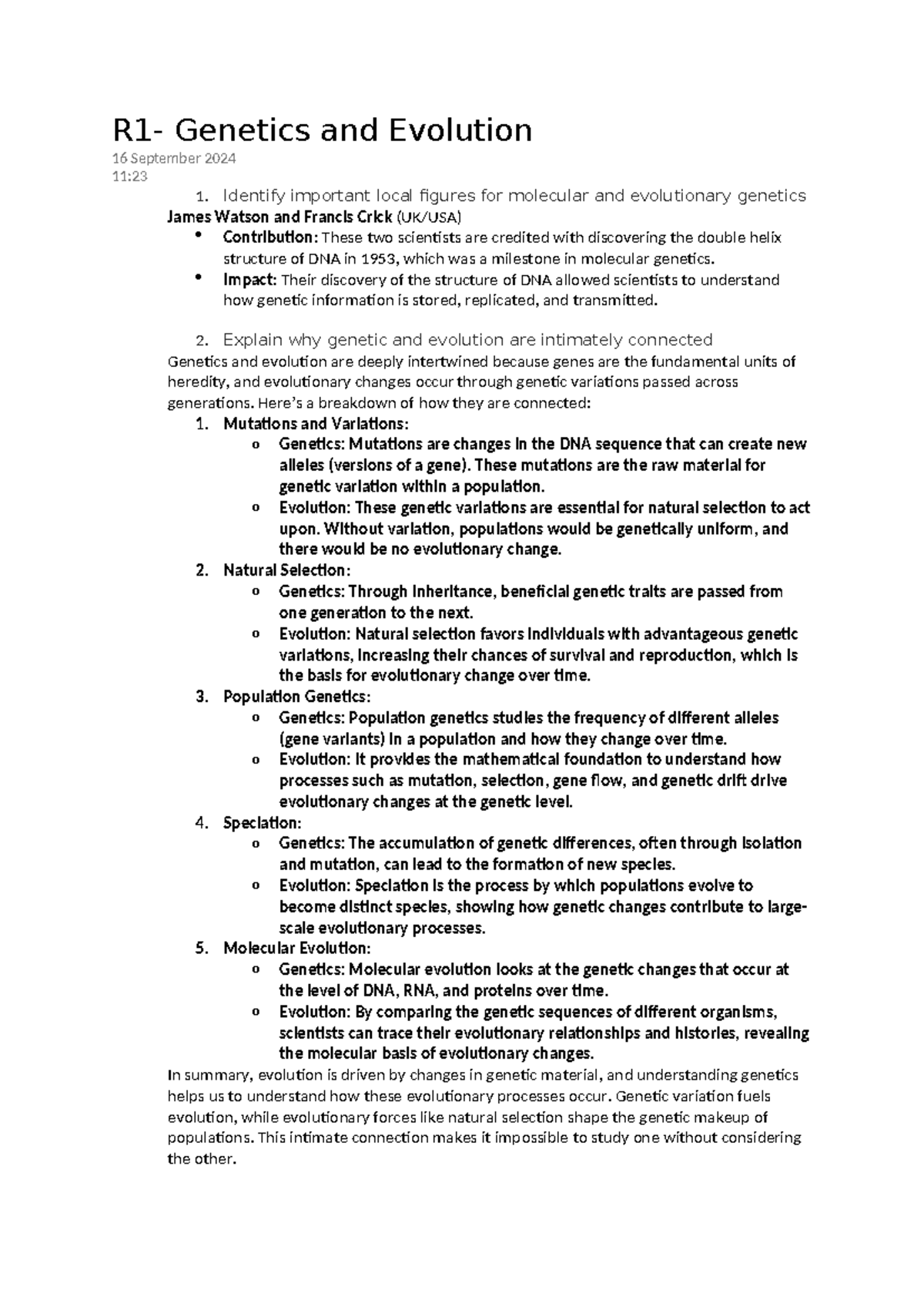 Genetics and Evolution Lecture Notes - Comprehensive Overview (BIOL 101 ...