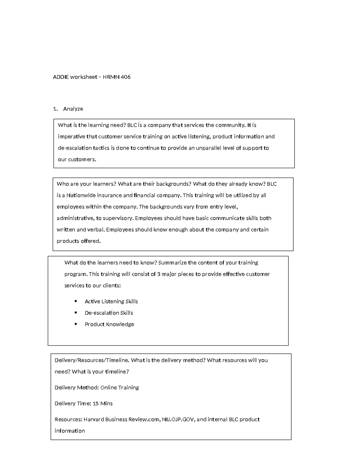 ADDIE Worksheet for HRMN 406: Customer Service Training Overview - Studocu