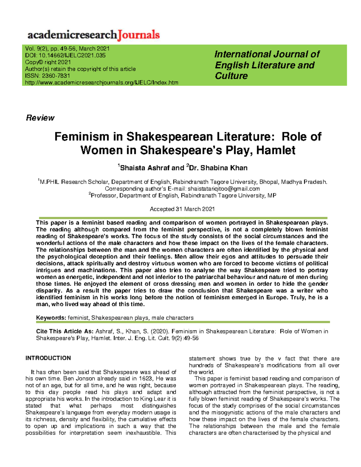 Feminism in Shakespeare: Analyzing Women's Roles in Hamlet - Studocu