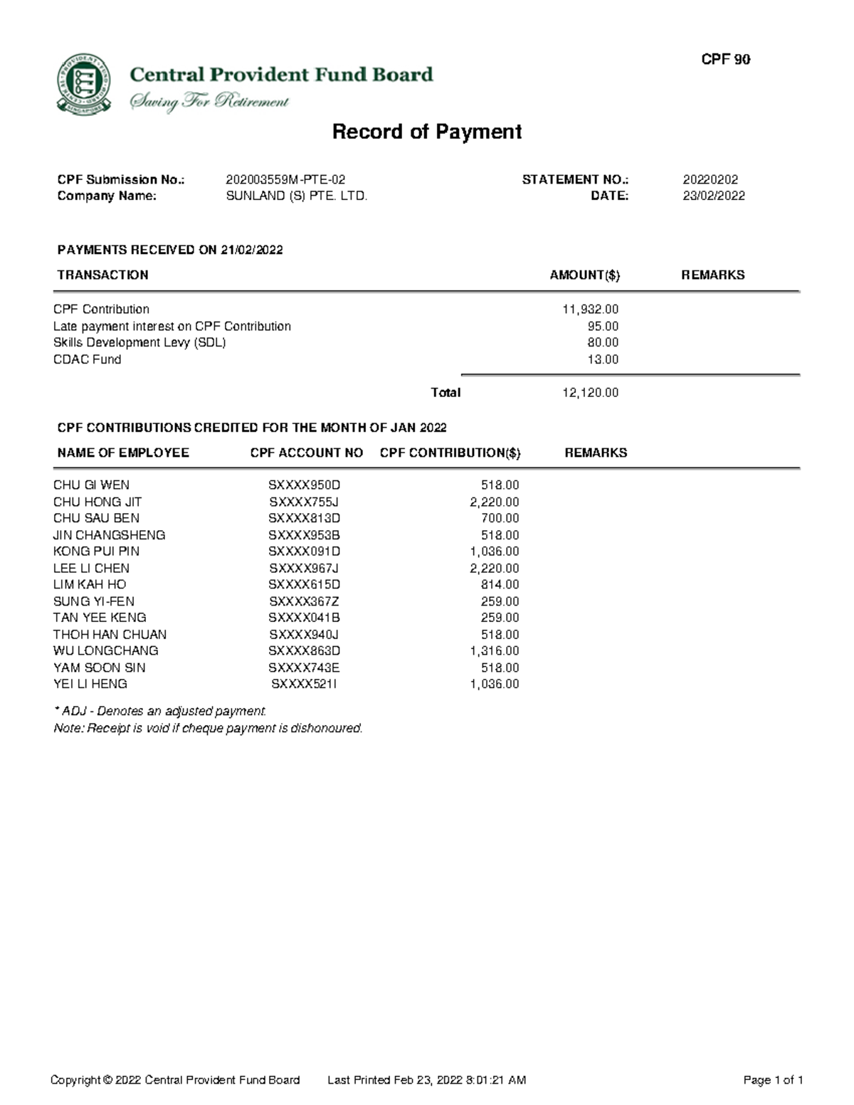 CPF Contribution Payment Record and Adjustments (2020) - Studocu
