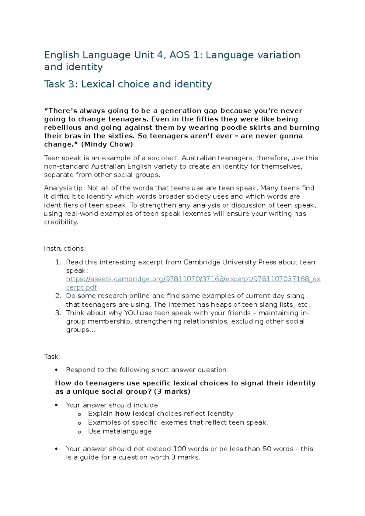 TASK 3 - Lexical choice and identity - English Language Unit 4, AOS 1 ...