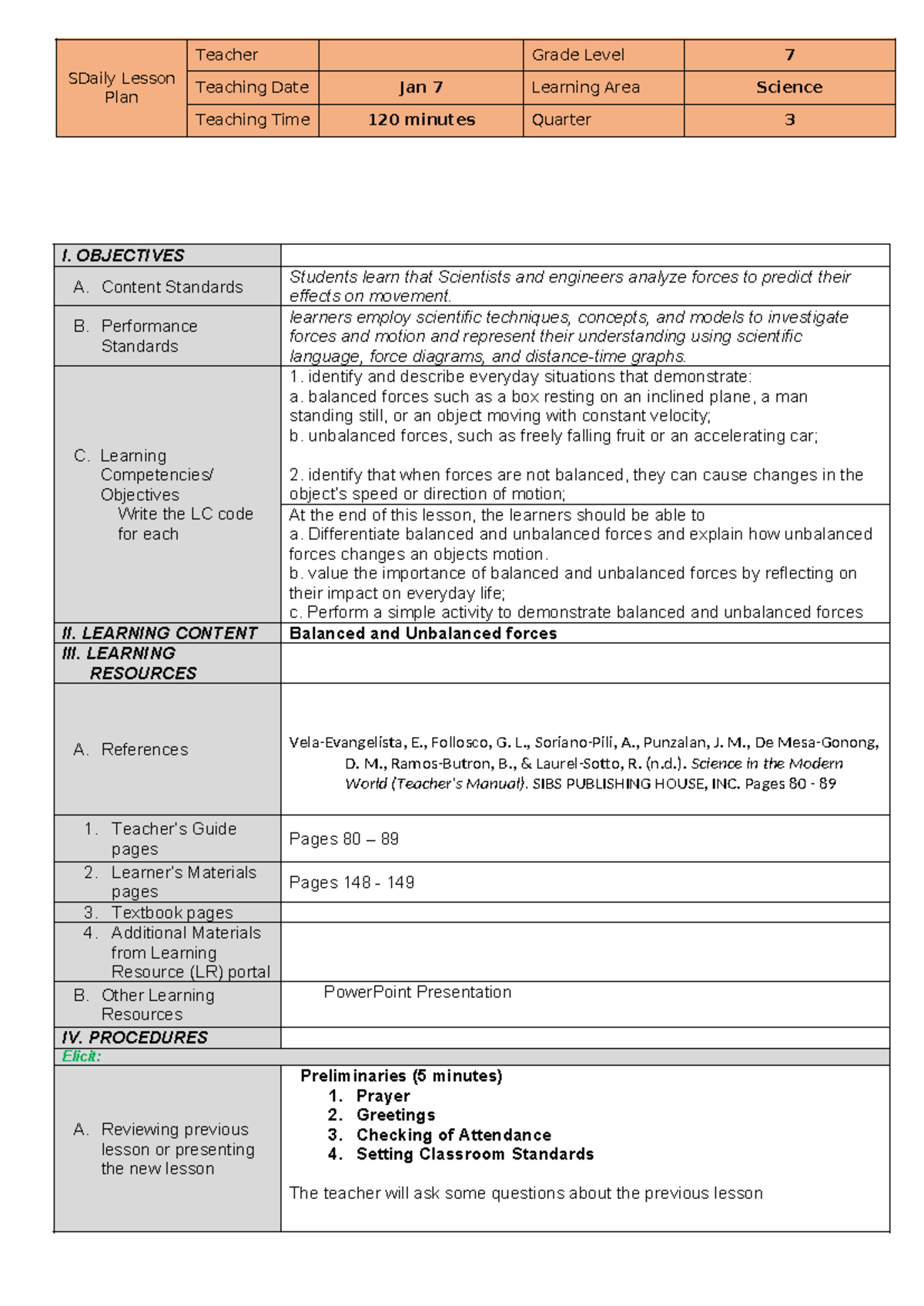 Semi-Detailed Lesson Plan: Grade 7 Science on Balanced & Unbalanced ...
