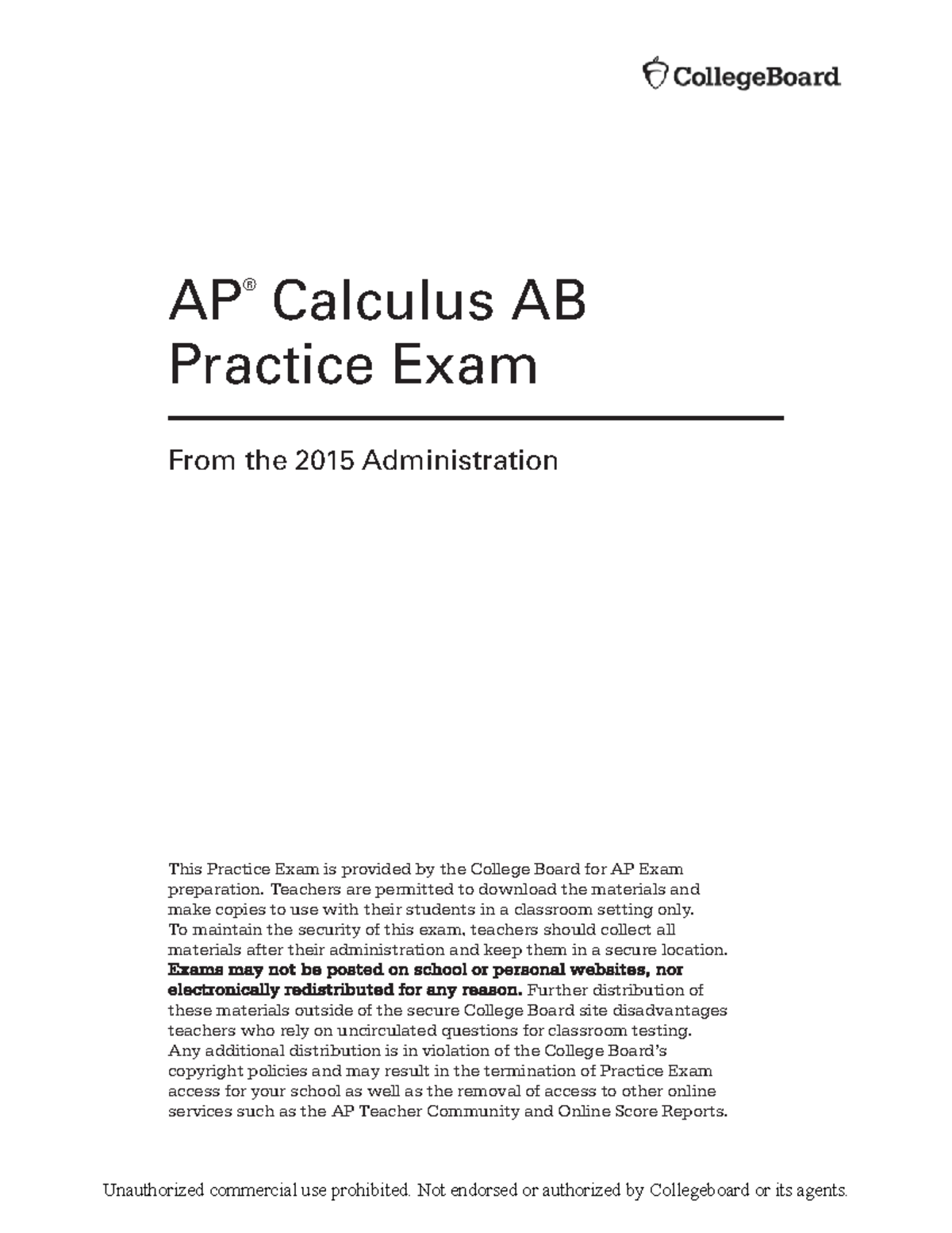 AP Calculus AB 2015 Practice Exam Multiple Choice Answer Key - Studocu