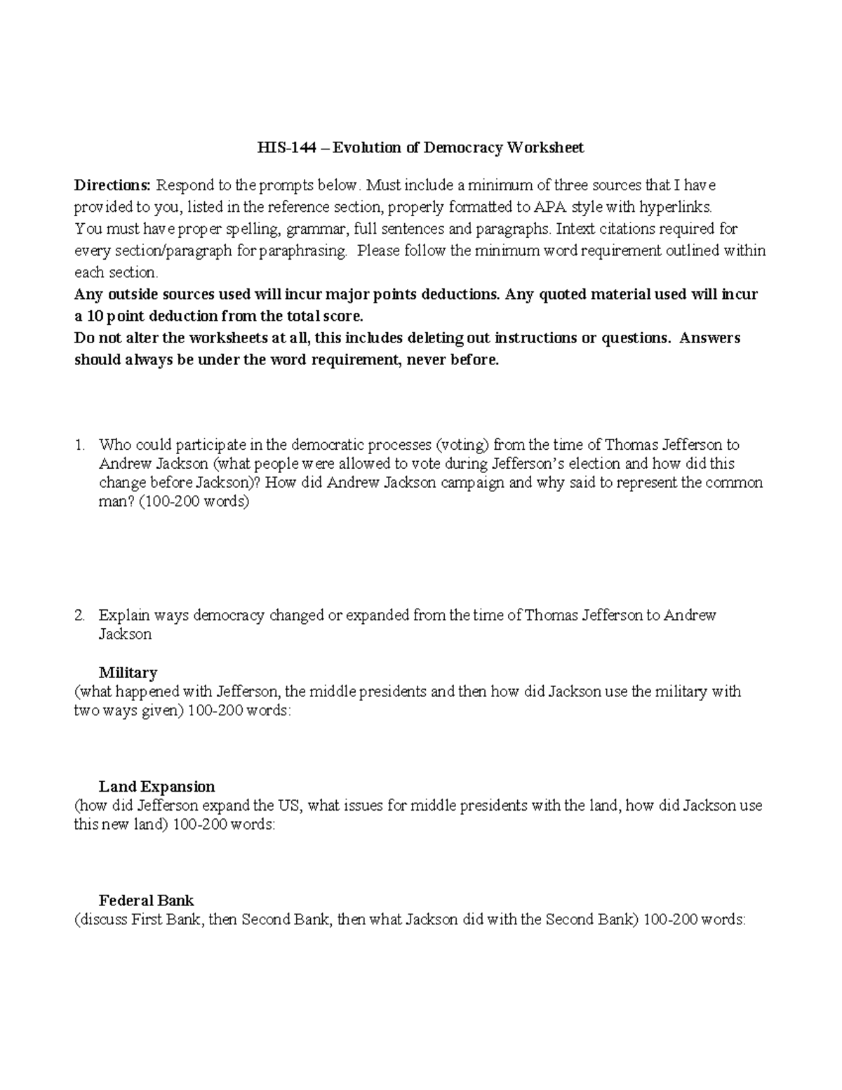 HIS-144 Worksheet: Evolution of Democracy from Jefferson to Jackson ...