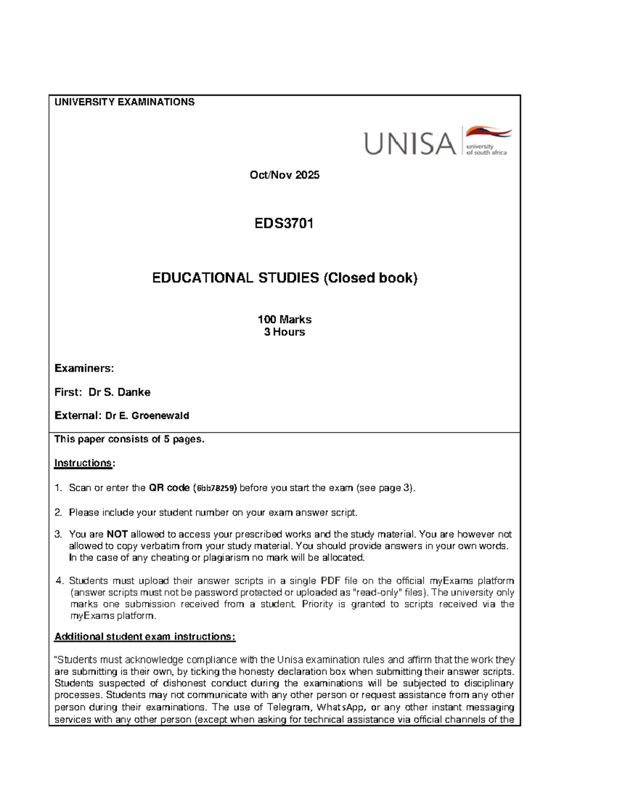 EDS3701 Final Exam Guidelines and Questions - 2025 - Studocu