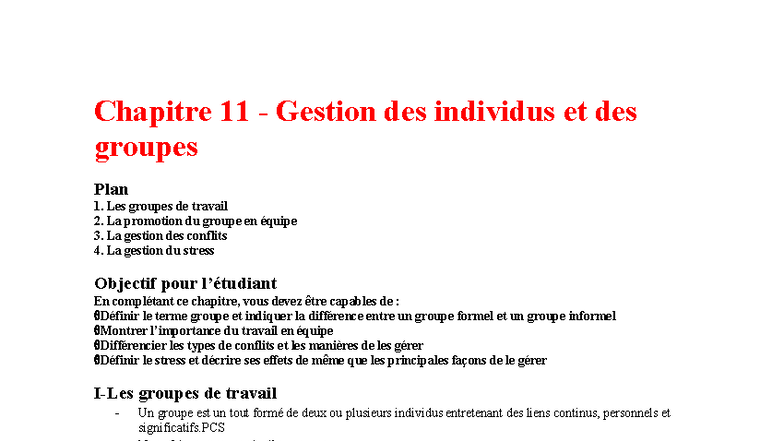 Chapitre 11 - Gestion des Individus et des Groupes (PCS) - Studocu