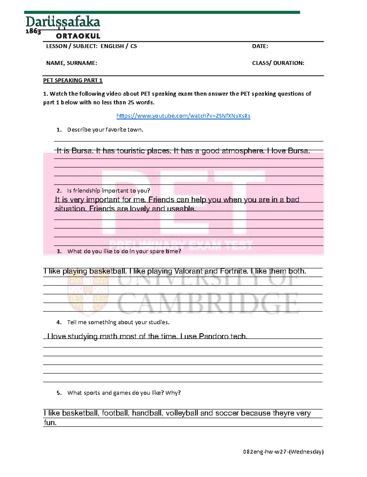 PET Speaking Exam Lesson Notes - English CS (082ENG) - Studocu