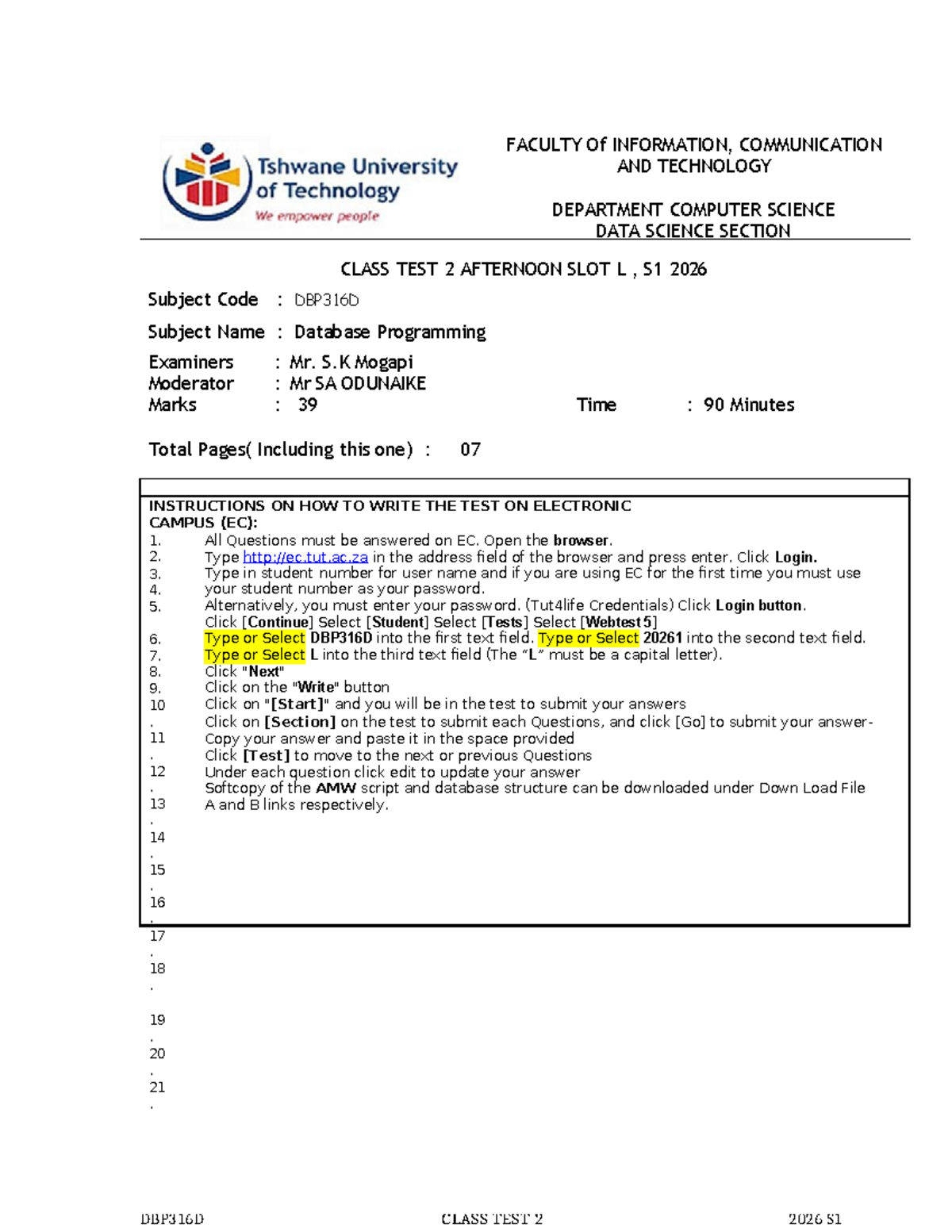 DBP316D Class Test 2 Afternoon Paper - 2026 S1 - Studocu