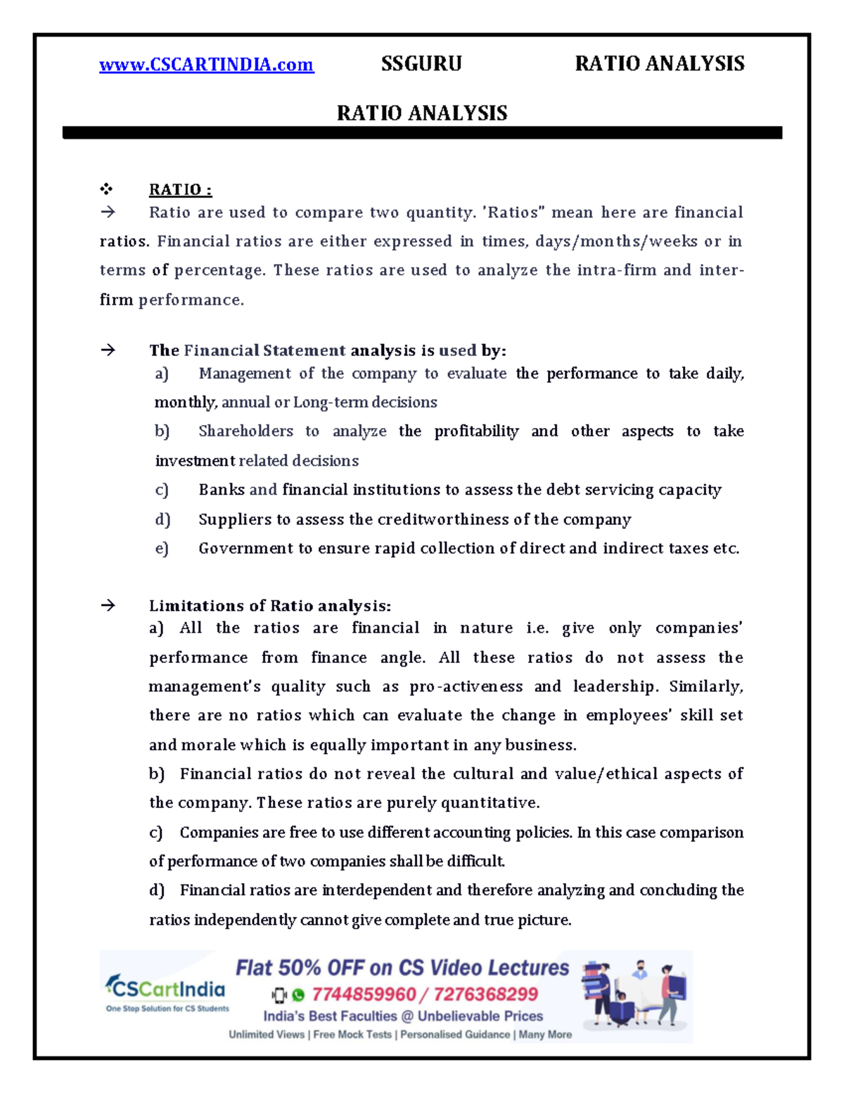 CS Exe CMA Marathon Notes 2 - RATIO ANALYSIS RATIO : Ratio are used to ...