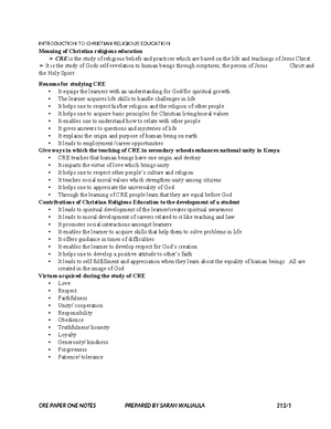 CRE FORM ONE - Cre form one summarized notes - INTRODUCTION TO ...