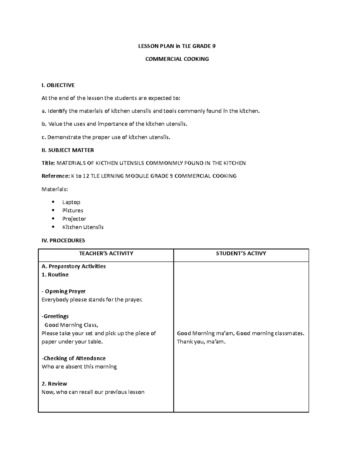 TLE G9 Lesson Plan: Understanding Kitchen Utensils in Cooking - Studocu