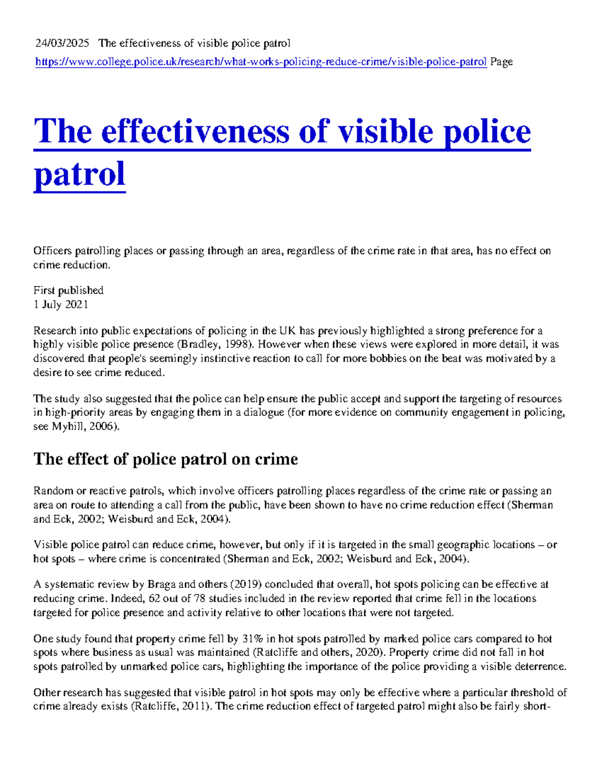 The Effectiveness of Visible Police Patrol in Crime Reduction ...