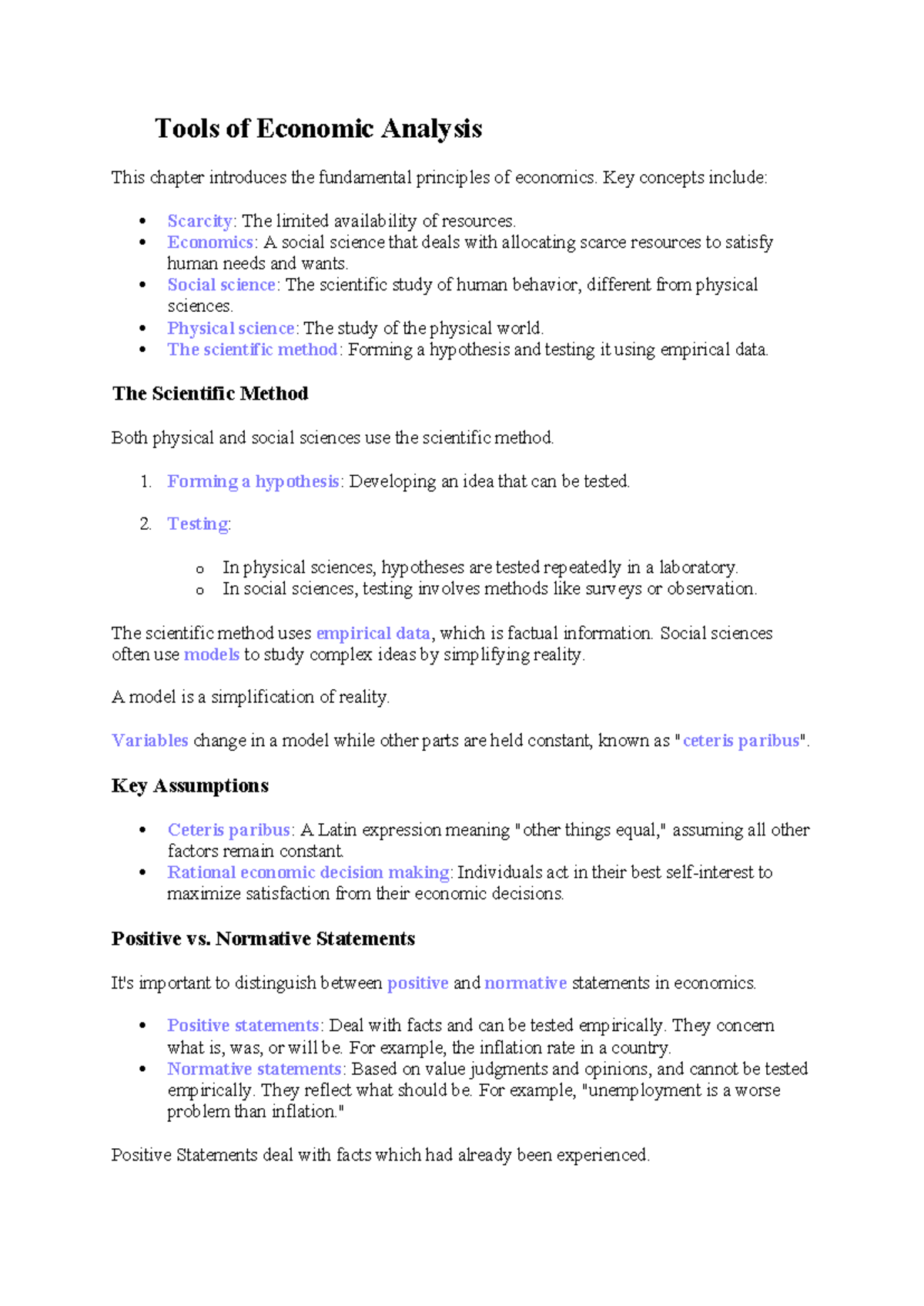 Economic Analysis Tools: Key Concepts and Principles (ECO 101) - Studocu